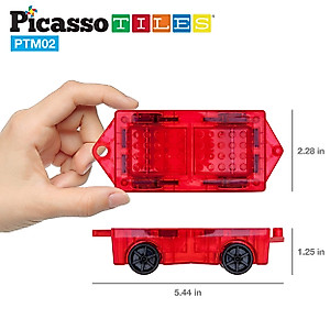 PicassoTiles 2pcs Mini Magnetic Tiles Expansion Car Truck Construction Set, Kids Building Magnet Bricks STEM & Learning Toys, Magnetic Add-ons,Car Toys, Toddler Preschool 3 years and up boys and girls