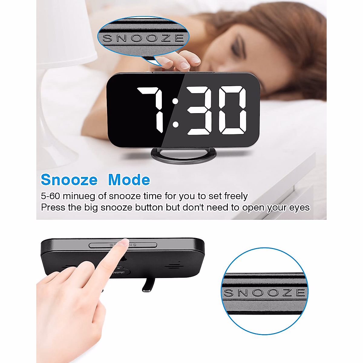 Digital Alarm Clocks,7" LED Mirror Electronic Clock,with 2 USB Charging Ports,Snooze Mode,Auto Adjust Brightness,Modern Desk Wall Clock for Bedroom Living Room Office - Black