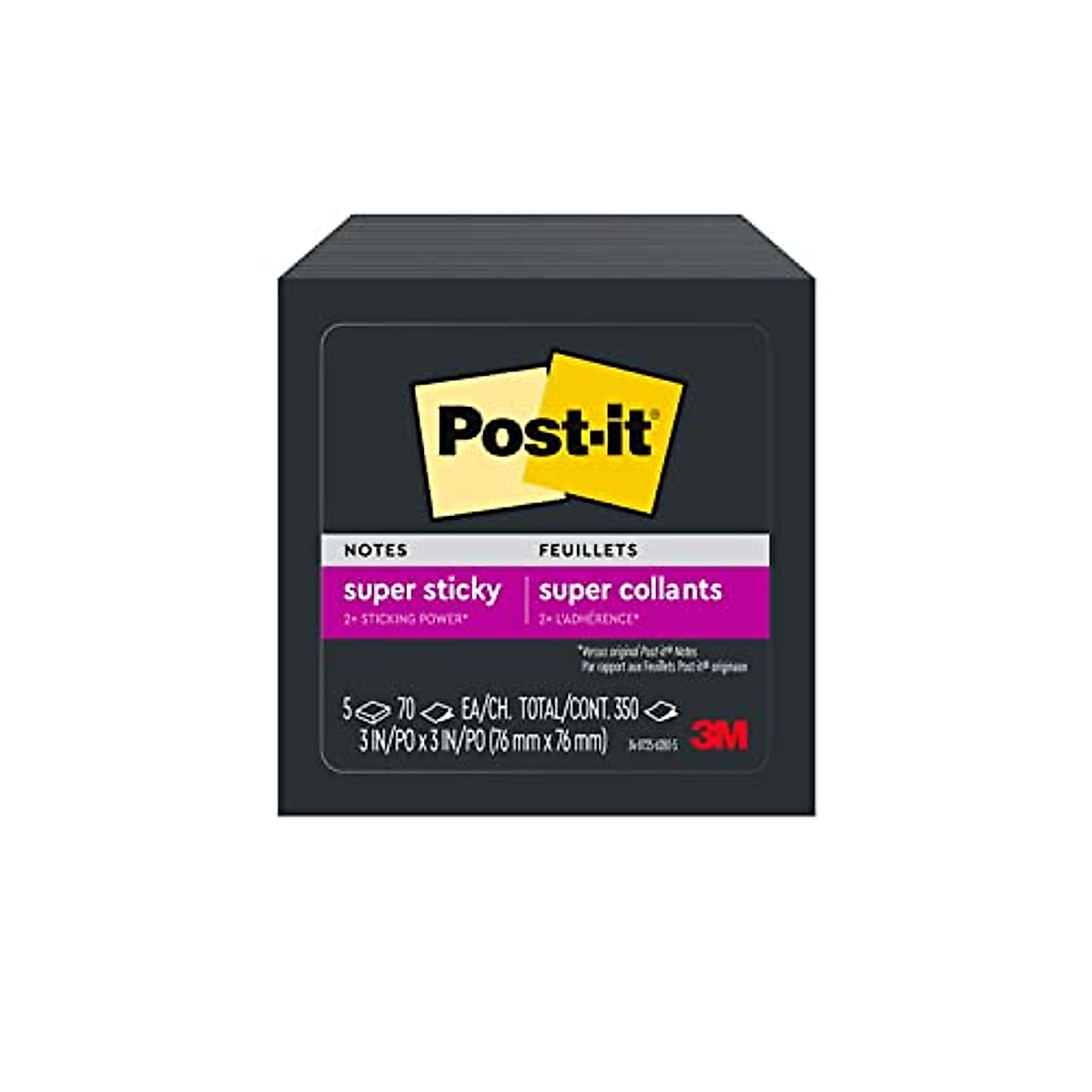 Post-it Super Sticky Notes, 3x3 in, 5 Pads, 2x the Sticking Power, Black (654-5SSSC)