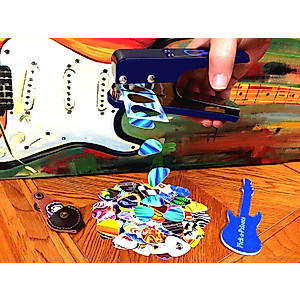Pick-a-Palooza DIY Guitar Pick Punch Mega Gift Pack - the Premium Guitar Pick Maker - Includes Leather Key Chain Pick Holder, 15 Pick Strips and a Pick File - Blue