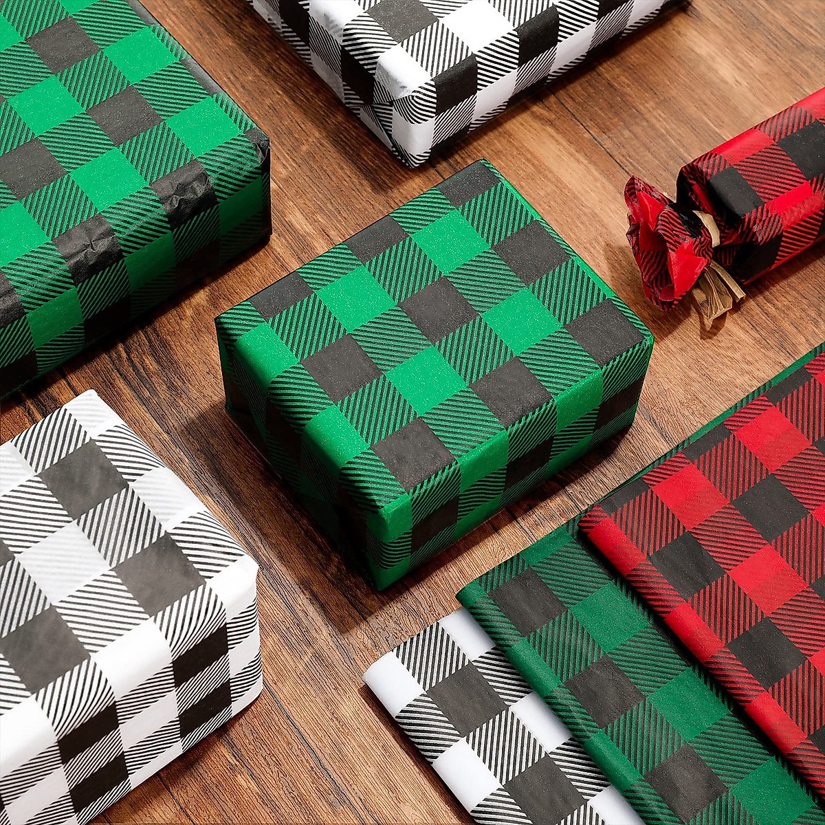 Whaline 120 Sheets Christmas Tissue Paper Buffalo Plaid Wrapping Paper Red Green White Black Gift Wrapping Paper Rustic Art Paper Crafts for Home DIY Gift Bags New Year Decor, 14 x 20inch