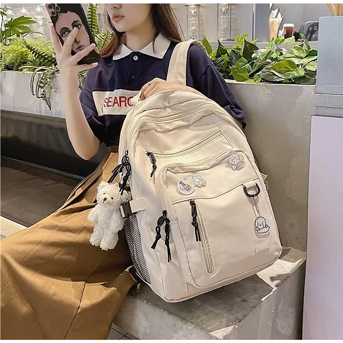 Sumleno Cute Aesthetic Backpack, Waterproof Nylon Preppy Backpack with Kawaii Pins and Plush Accessories Laptop Backpack (White,One Size)
