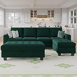 Belffin Velvet Convertible 4-Seat Sectional Sofa with Reversible Chaise L Shaped Sofa Couch Furniture Sets Sectional Couch with Storage Ottoman Green