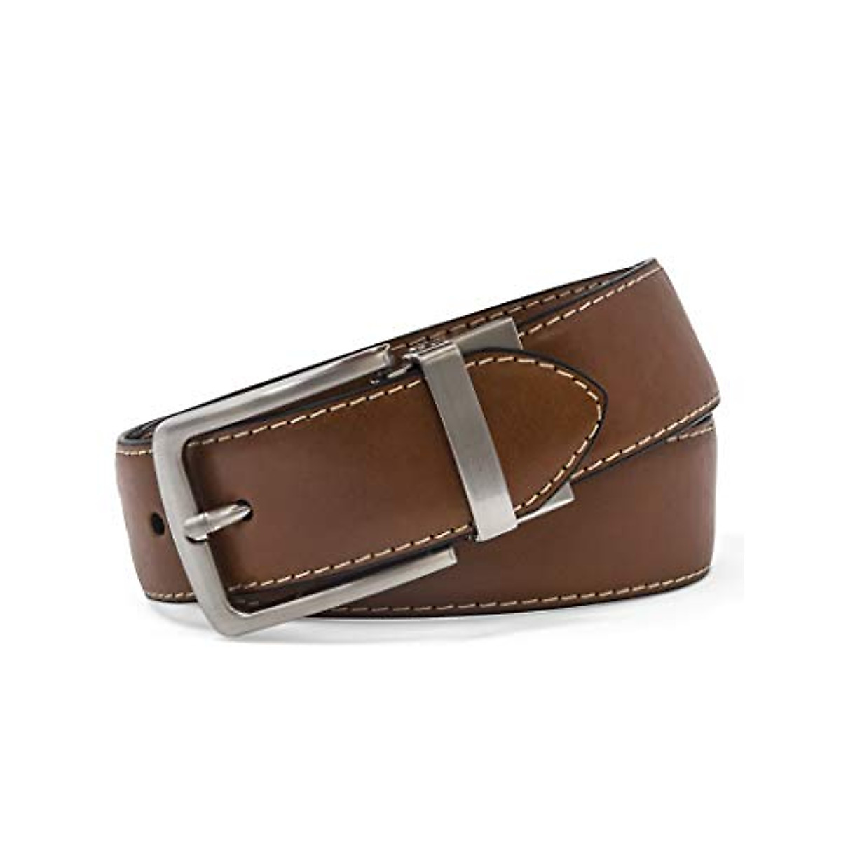 Steve Madden Men's Dress Casual Every Day Leather Belt, Cognac/Black (Feather Edge), 36