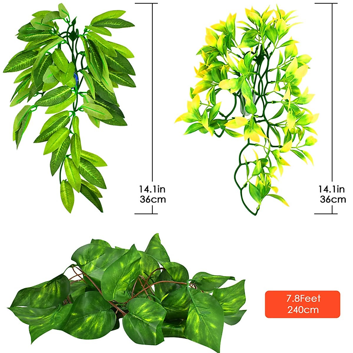 KATUMO Reptile Plants, 3 PCS Amphibian Hanging Plants with Suction Cup for Lizards, Geckos, Bearded Dragons, Snake, Hermit Crab Tank Pets Habitat Decorations