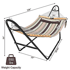 Double Hammock with Stand Included, Heavy-Duty 2 Person Hammock 550Lbs Capacity, Hammock Chair with Stand, Detachable Pillow and Cup Holder, Perfect for Indoor/Outdoor Patio, Deck, Yard(Brown)