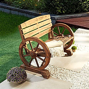 LOKATSE HOME Wooden Wagon Wheel Bench 2-Person Outdoor Rustic Chair Country Yard with Backrest, Burnt-Finished