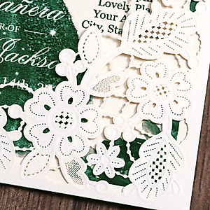 FANEYA 50Pcs Customized Quinceanera Invitation Emerald Green, Elegant 15 years Invitations Sweet 16, Miss XV, Birthday Laser Cut Quince Invitation Cards White Personalized