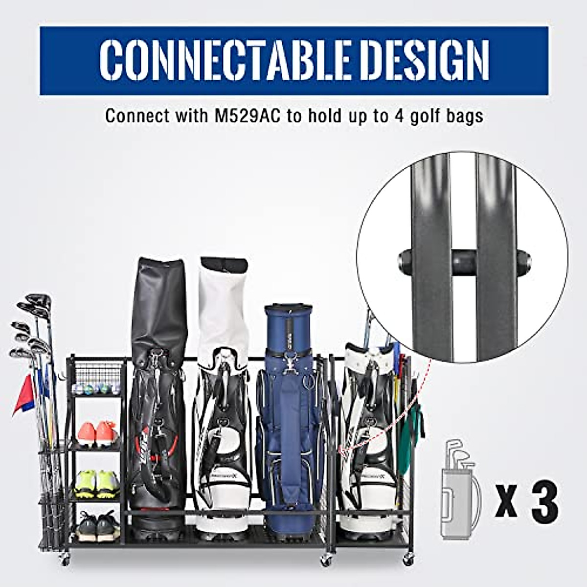 Mythinglogic Golf Bag Storage Organizer Rack-Golf Clubs Organization for Garage, Golf Bag Stand with Movable Hanging Hooks, Golf Equipment and Accessories Storage Racks for Garage,Shed,Basement