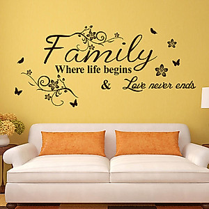 Wall Stickers, Home Decorations for Living Room, Family Where Life Begins & Love Never Ends, Letters for Wall Decor Word Sticker Decal Peel and Stick for Classroom Home Bedroom Family Office Wall Art Decor