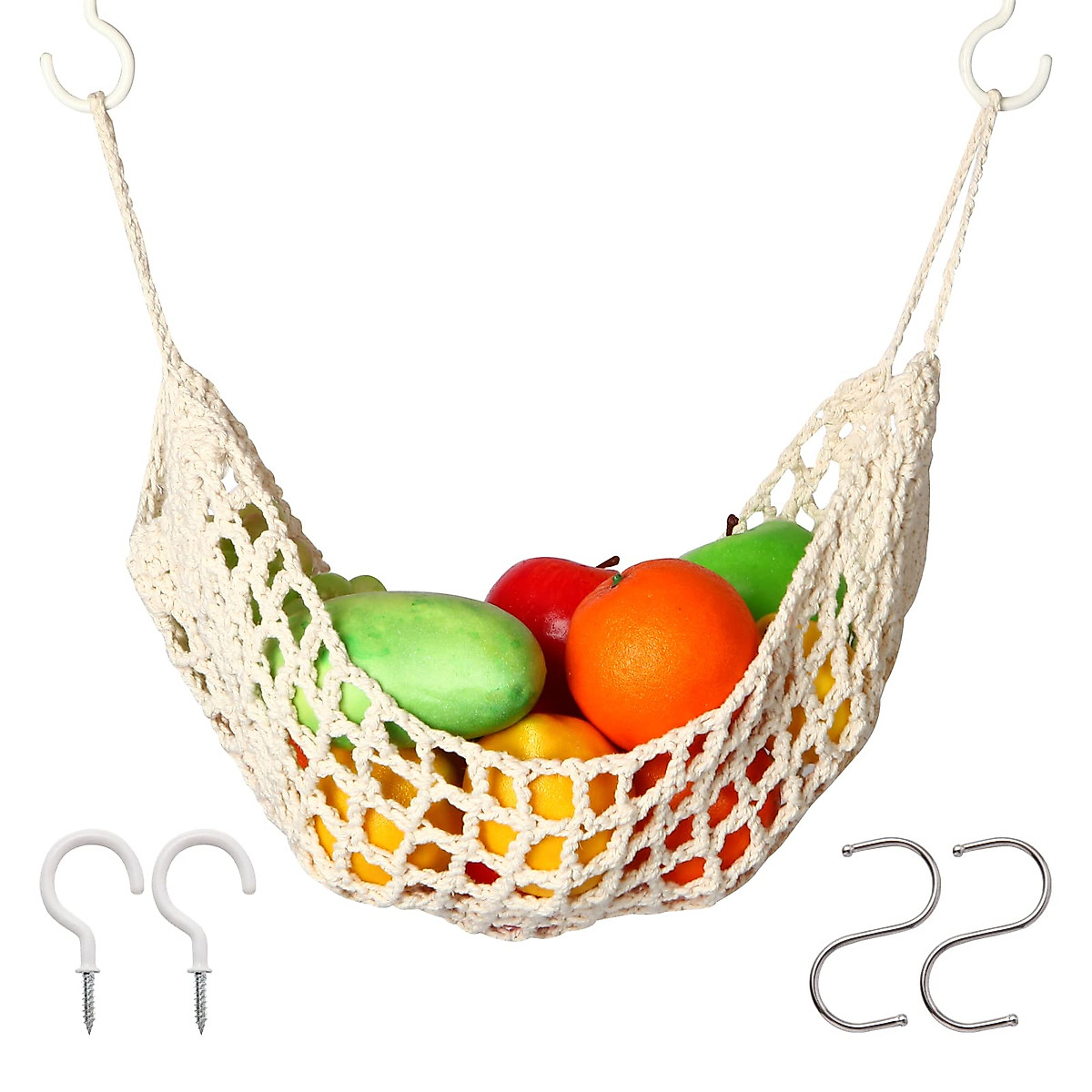 Ycsst Hanging Fruit Hammock Under Cabinet - fruit and veggie basket - macrame fruit hammock for Kitchen Décor - Storage That Saves Counter For More Counter Space at Home, Boat, or Rv,with 4 Hooks.