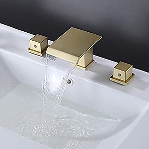 TapLong Solid Brass Modern Waterfall Bathroom Basin Faucet 3 Holes 2 Square Handles Brushed Gold Sink Faucet