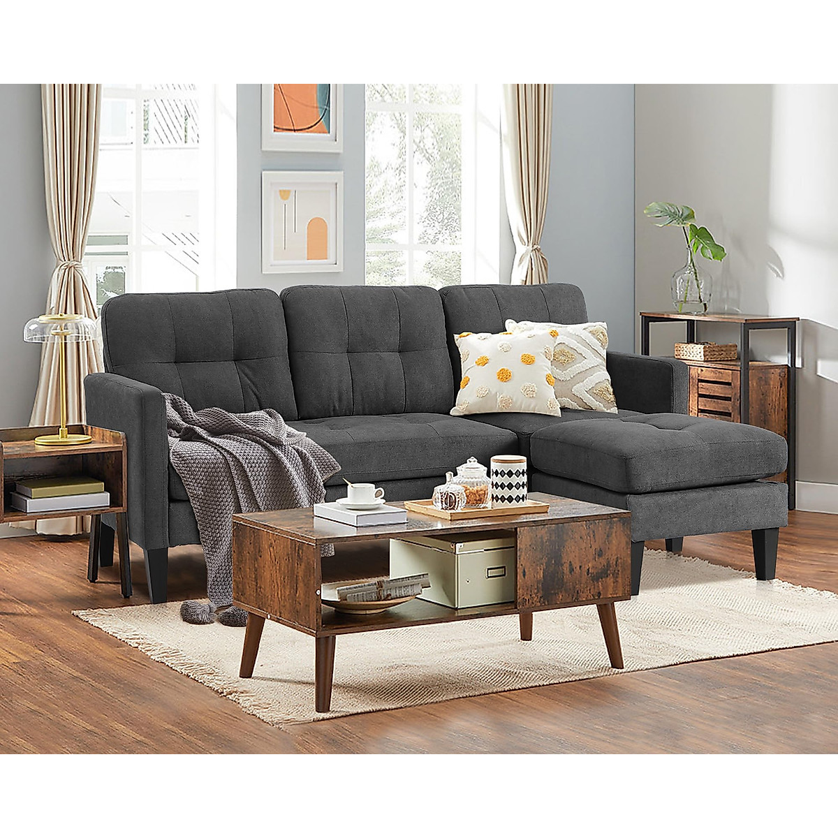 TITIMO Convertible Sectional Sofa Couch,Modern Linen Fabric L-Shape Couch,Living Room Sets for Small Living Room, Apartment and Small Space (Grey)