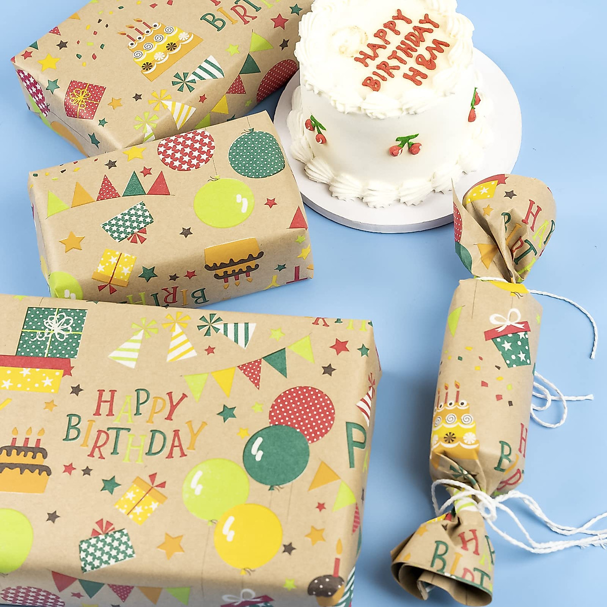 RUSPEPA Kraft Wrapping Paper Roll - Birthday Party Pattern - 30 Inches x 100 Feet