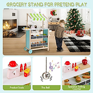 INFANS Wooden Grocery Store Marketplace Toy, Supermarket Pretend Play, Extra Storage 6 Ice Creams Scales Bells Chalkboards, Fun Indoor Farmer's Market Stand Set Gift for Ages 3+