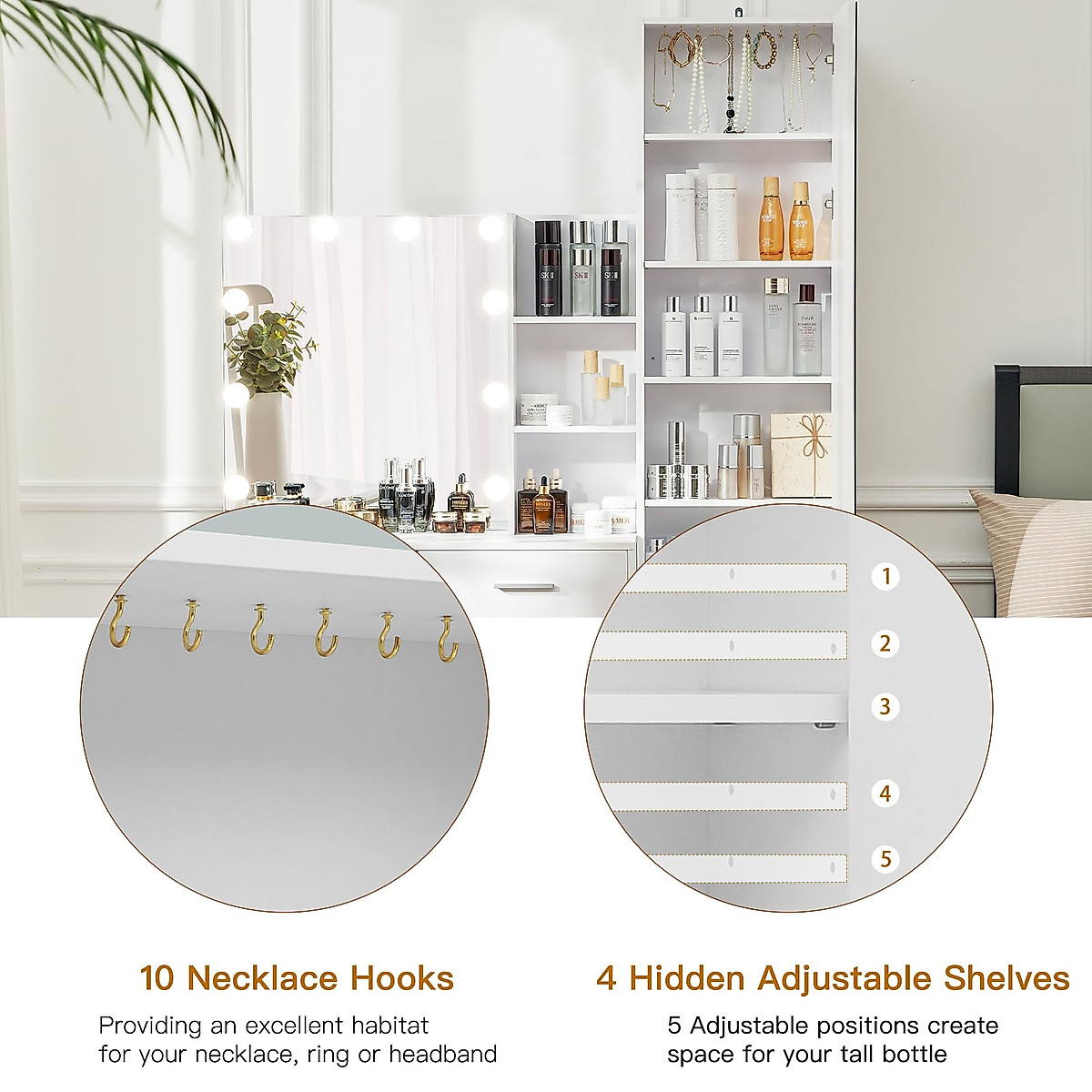 usikey Vanity Desk with Full-Length Mirror and Lights, Makeup Vanity Table with Jewelry Cabinet, 2 Drawers & 2 Shelves,Vanity Desk, Vanity Table for Girls Women, Bedroom, White