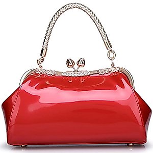 XingChen Glossy Patent Leather Handbag for Women Top Handle Tote Bag Evening Shoulder Bag Wedding Satchel Retro Purse Red