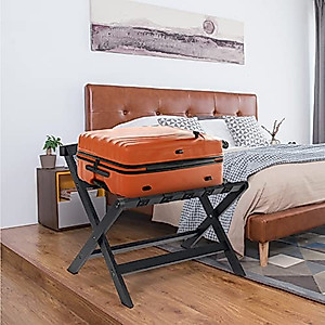 AKVOMBI Luggage Rack with Back, Black Suitcase Stand for Guest Room, Folding Luggage Stand with Storage Shelf for Bedroom, Hotel, Nylon Straps, Wood