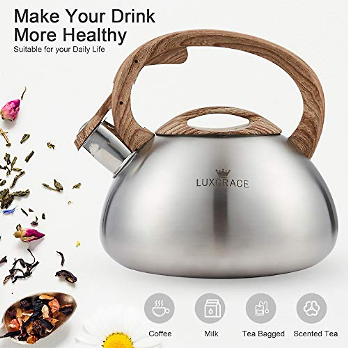 Teapot Whistling Tea Kettle with Wood Pattern Handle Loud Whistle,Food Grade Stainless Steel Tea Pot for Stovetops Water Kettle(Silver-RW)