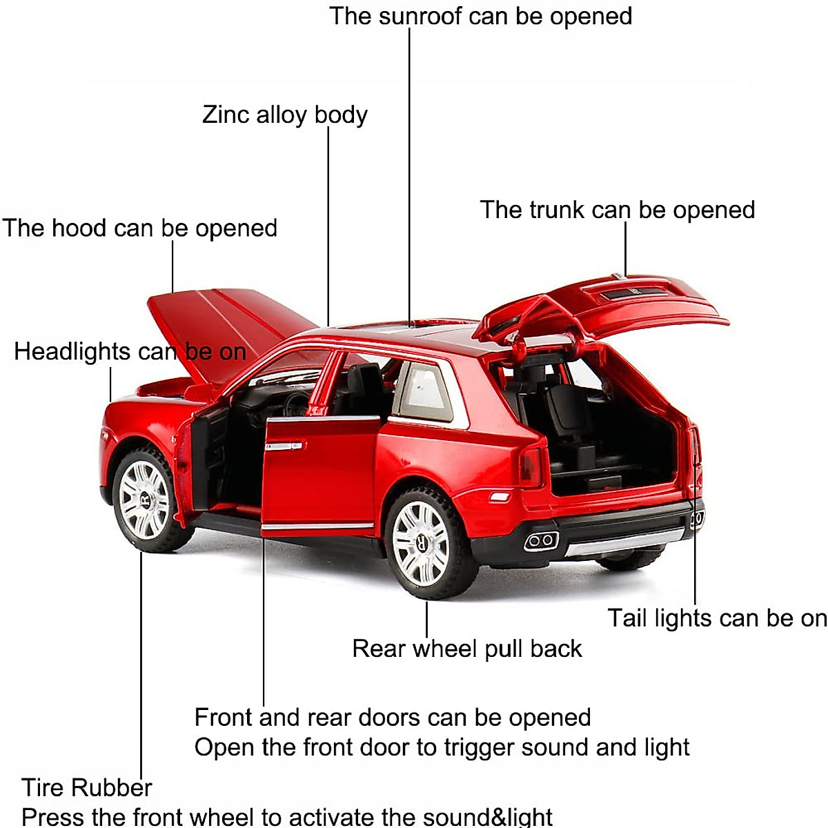 Red Rolls Royce Cullinan Toy Pull Back Vehicles Diecast Car Model with Light and Sound