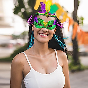 2PCS Mardi Gras Feathers Headband Purple Yellow Green Feather Headband Mardi Gras Sequin Mask Carnival Headband for New Orleans 1920s Carnival Parade Tea Party Halloween Fleur De Lis Hair Band