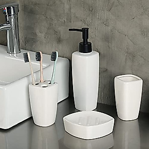 MyGift 4 Piece Ceramic White Bathroom Accessories Set Includes Lotion Dispenser with Matte Black Pump, Toothbrush Holder, Tumbler and Soap Dish