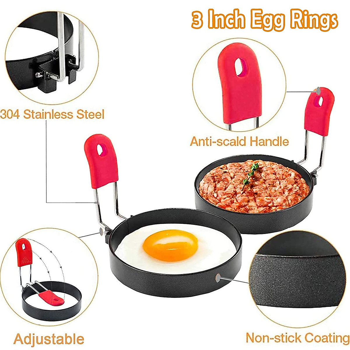 Egg Rings Set of 4, Non-stick Stainless Steel Egg Ring, Cooking Rings with Anti-scalding Handle for Camping and Breakfast (Oil Brush Included)
