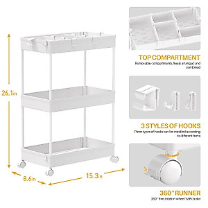 SPACELEAD 3 Tier Rolling Cart with Wheels, Storage Craft Art Trolley Organizer Serving, 3 Hanging Baskets Easy Assembly, for Office, Living Room, Kitchen, White