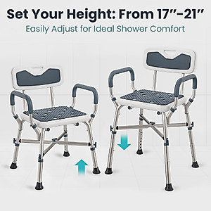 PELEGON Shower Chair (450lb) with Padded Armrests and Back, Shower Chair for Elderly and Disabled, Adjustable Height Shower Seat, Heavy Duty Shower Chair for Inside Shower, Handicap Shower Chair- Blue