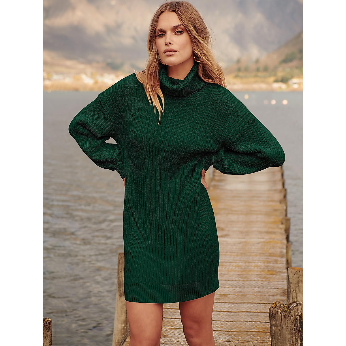ANRABESS Women Oversized Turtleneck Batwing Long Sleeve 2024 Fall Casual Baggy Loose Cozy Rib Knit Short Mini Sweater Dress Dark Green Small