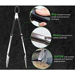 BBQ Mate Gator Grip Snake Eye Tongs - extra long 18" inch heavy duty stainless steel tongs for grilling, cooking, and barbecue