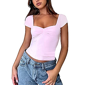 Women Summer Short Sleeve Top Y2K Square Neck Shirt Tee Basic Cute Slim Fitted Crop Top Blouse(B-Pink,S)