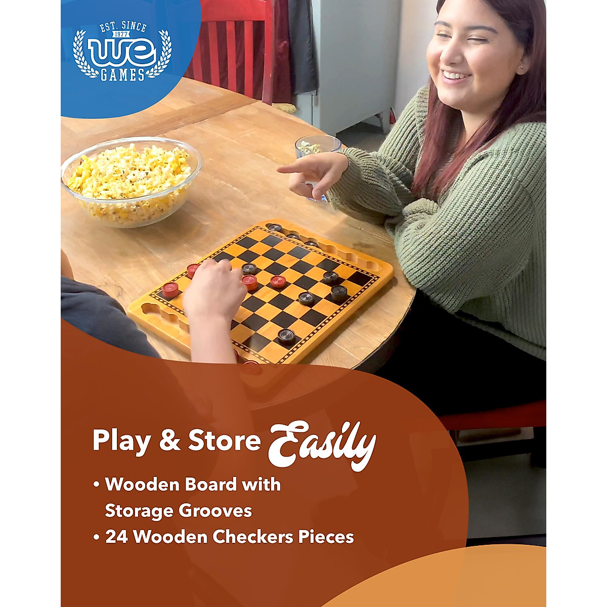 WE Games Solid Wood Red and Black Checkers Board Game Set with Inset Grooves for Pieces, 14.5 in.