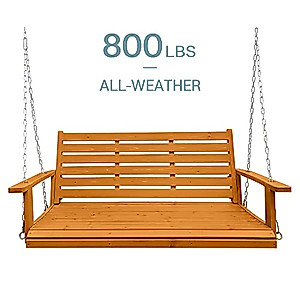 Wooden Porch Swing, Ergonomic Seat, Bench Swing with Hanging Chains and 7mm Springs, Heavy Duty 800 LBS, for Outdoor Patio, Garden, Yard (Golden Honey)