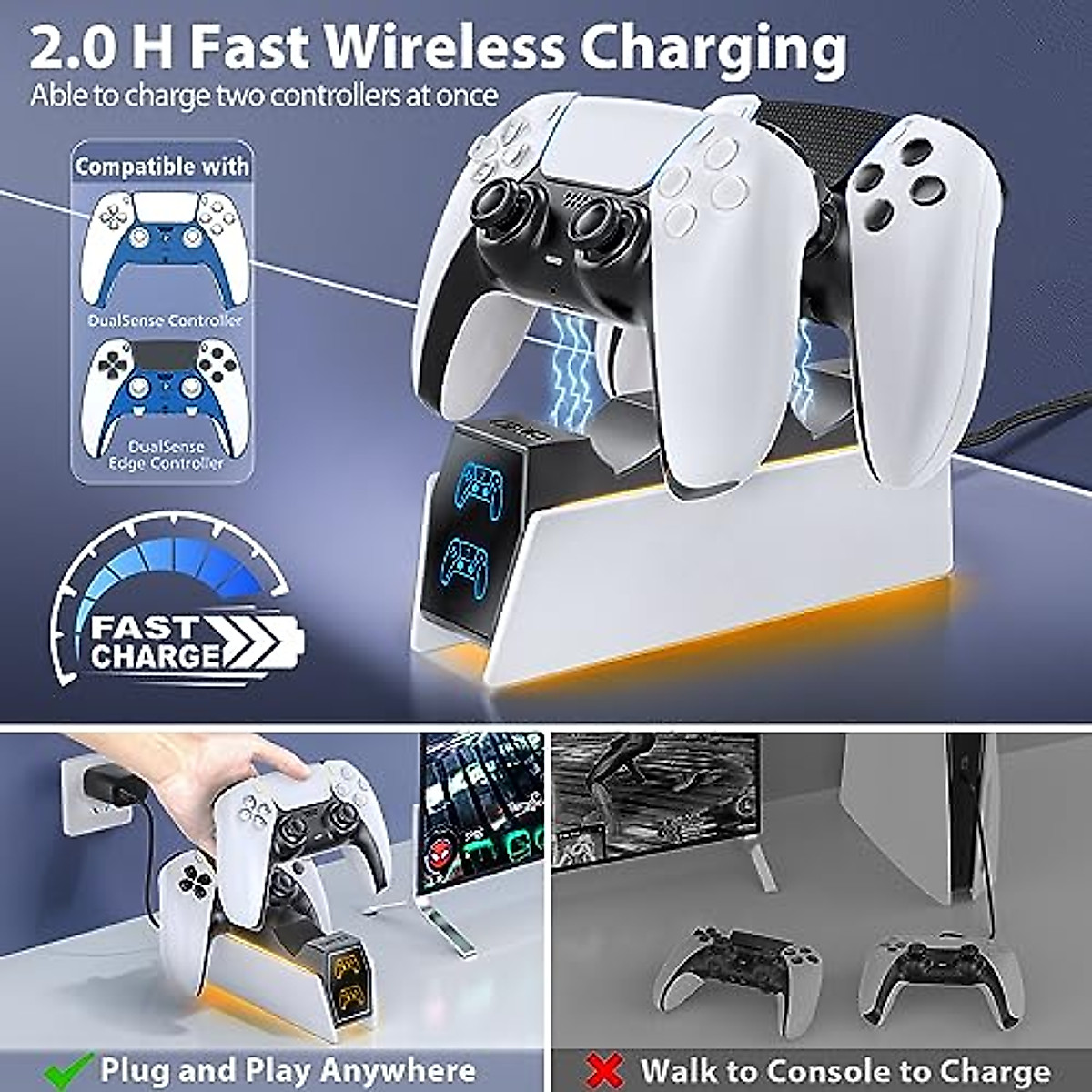 PS5 Controller Charger Compatible with DualSense & Edge Controller, 2.0 H Fast PS5 Charger with 5V/3A Adapter and USB-C Cable, PS5 Charging Station with 2 Charging Options & Indicator