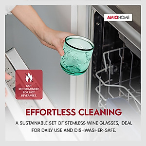 Amici Home Vino Stemless Wine Glasses | 12 Oz | Italian Made, Recycled Green Glass | Cute Water Tumblers for Wine, Beer, Juice, Cocktails, Fresh Drinks (Set of 4)