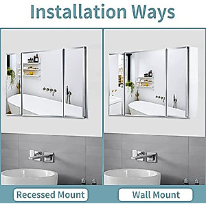 Polibi Aosmay Medicine Cabinet with Mirror/Large Storage Space/Adjustable Shelves/Soft-Closing Hinge/Three Doors, Surface Mount or Recess Aluminum, 36 * 26 Inches