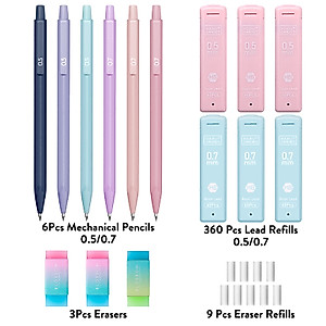 Four Candies Cute Mechanical Pencil Set, 6PCS Pastel Mechanical Pencils 0.5mm & 0.7mm with 360PCS HB Pencil Leads, 3PCS Erasers and 9PCS Eraser Refills, Aesthetic Mechanical Pencils for Girls Writing
