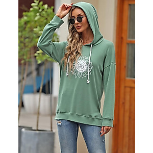 Ovanviso Women Sunflower Graphic Hoodies Long Sleeve Pullover Drawstring Sweatshirt Loose Fit Tunic Tops Light Green X-Large