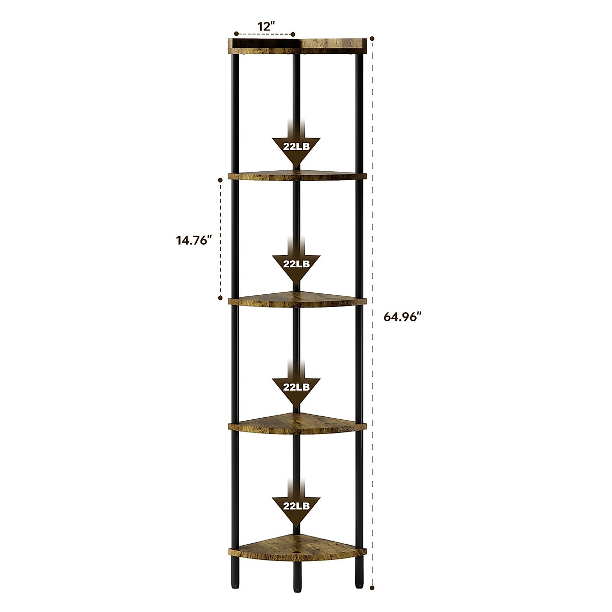 XIV 5 Tier Corner Shelf Stand, Industrial 65" Corner Shelves Display Shelf, Wood Tall Shelf Plant Stand, Storage Shelf for for Bathroom, Living Room, Kitchen, Office