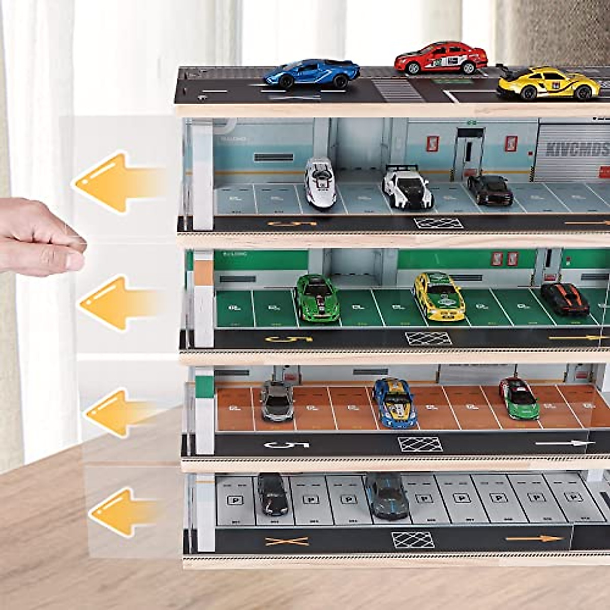 kivcmds 1:64 Scale Alloy car Model Display case. Suitable for Collecting hot Wheels and die-cast Cars with Lighted Scenes Parking lot with 40 Parking Spaces on 4 Levels (Underground Garage Scenes)