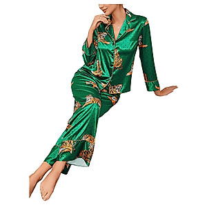 WDIRARA Women's Sleepwear Striped Satin Short Sleeve Shirt and Pants Pajama Set Green Tiger M