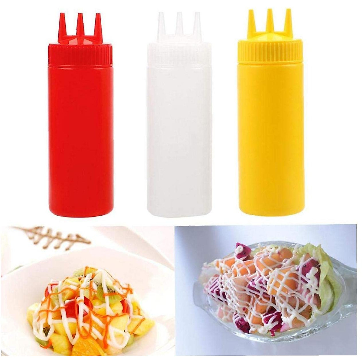1pc 3 Hole Squeeze Bottle Condiment Dispenser for Sauce Vinegar Oil Ketchup Gravy Cruet Kitchen Accessories 360ml Red