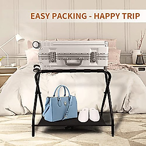 VETIN Luggage Rack, Luggage Racks for Guest Room, Folding Suitcase Stand with Storage Shelf for Bedroom, Black