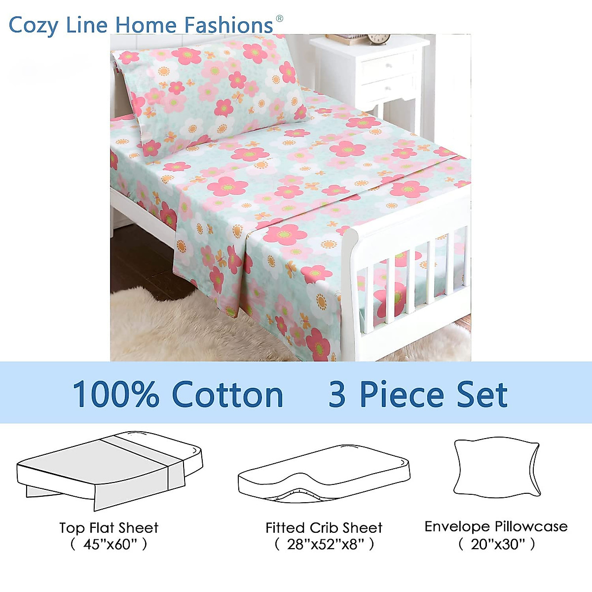 Danica 3-Piece 100% Cotton Toddler Sheet Set for Boys & Girls, Includes Top Sheet, Fitted Sheet, Standard Pillow Case (Pink Flower)