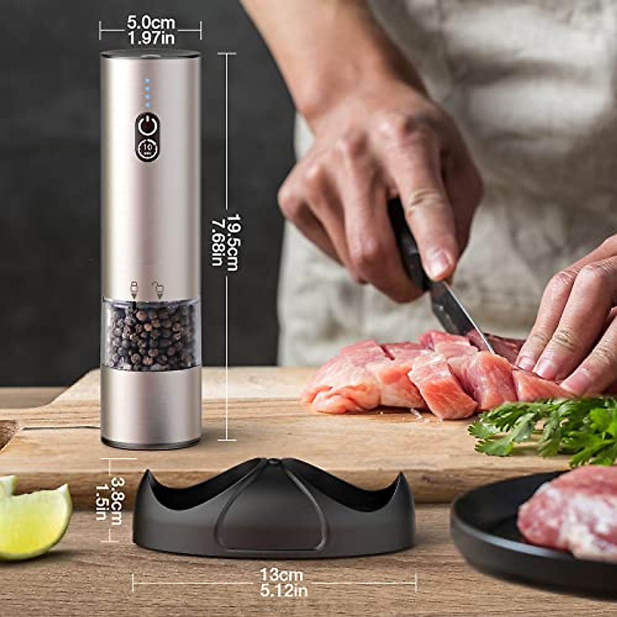 Gravity Electric Salt and Pepper Grinder Set, Automatic Upgraded Pepper and Salt Mill with Charging Base, Adjustable Coarseness and LED Light, One Hand Operation (Silver)