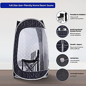 Smartmak Portable Steam Sauna, Full Body Personal Home Spa, Foldable Saunas Tent with 4L & 1500W Steam Generator, 16 Levels Remote Control, Upgraded Chair Included for Relaxation, Panoramic Black Grey
