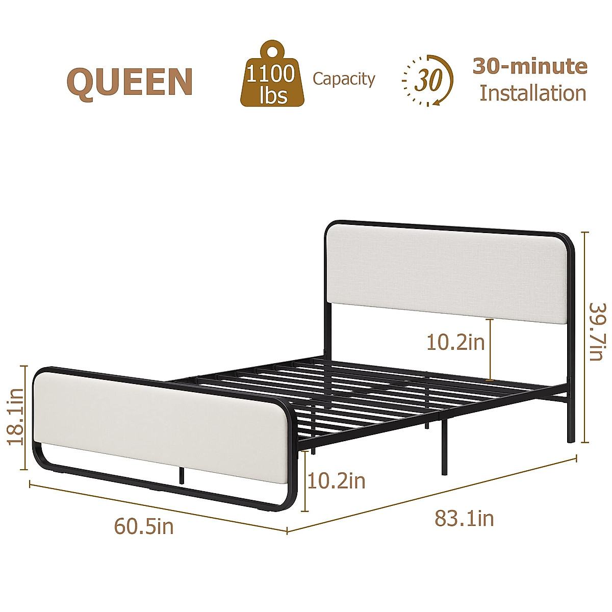 Homhougo Queen Size Bed Frame with Upholstered Headboard and Footboard,10.3'' Underbed Space, Curved Design, Strong Slats Support, Box Spring Optional, Beige
