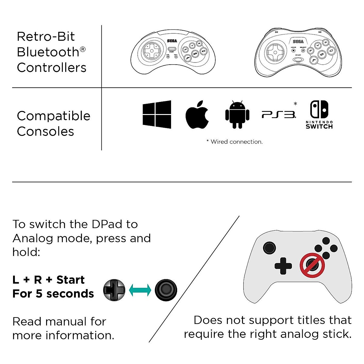 Retro-Bit Official Sega Genesis Bluetooth Controller 8-Button Arcade Pad for Nintendo Switch, Android, PC, Mac, Steam (Clear Blue)