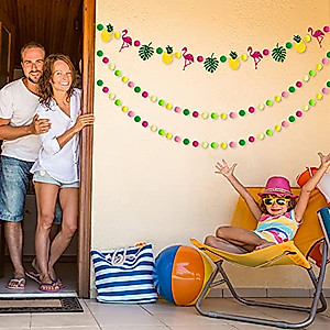 Kerien 3 Pieces Hawaii Summer Hanging Pompom Ball Garland Tropical Flamingo Pineapple Party Banner Set Aloha Banner Flamingo Flower Garland Banner for Hawaiian